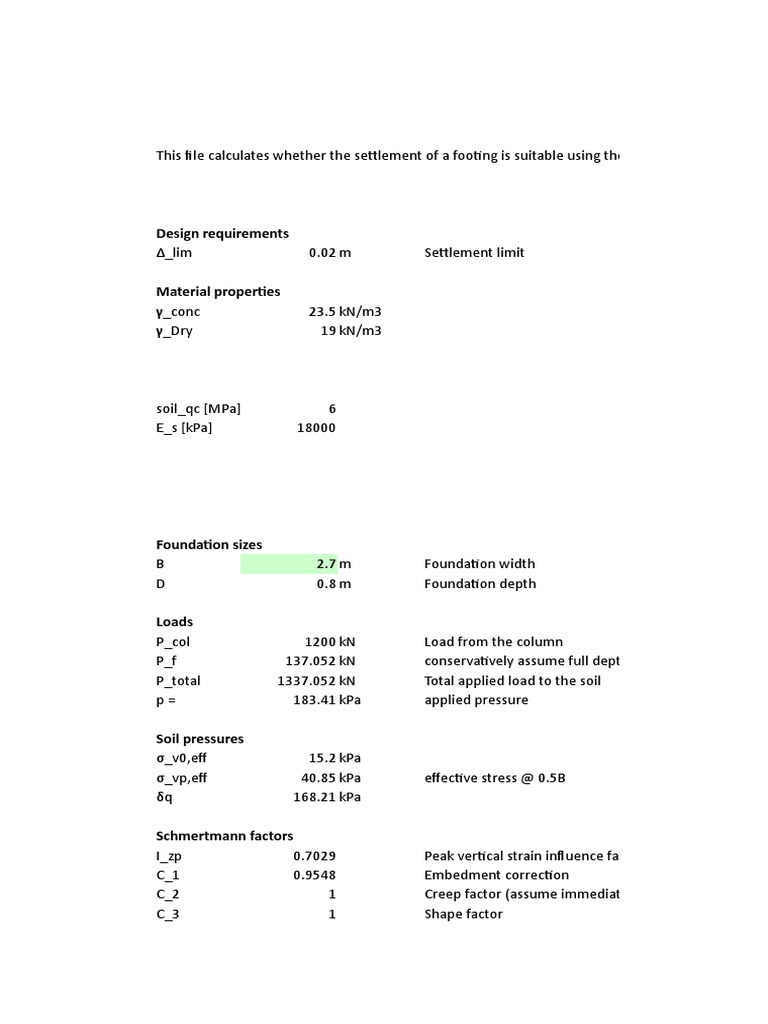 Schmertmann Method Footing Settlement Calculation | PDF | Chemical ...