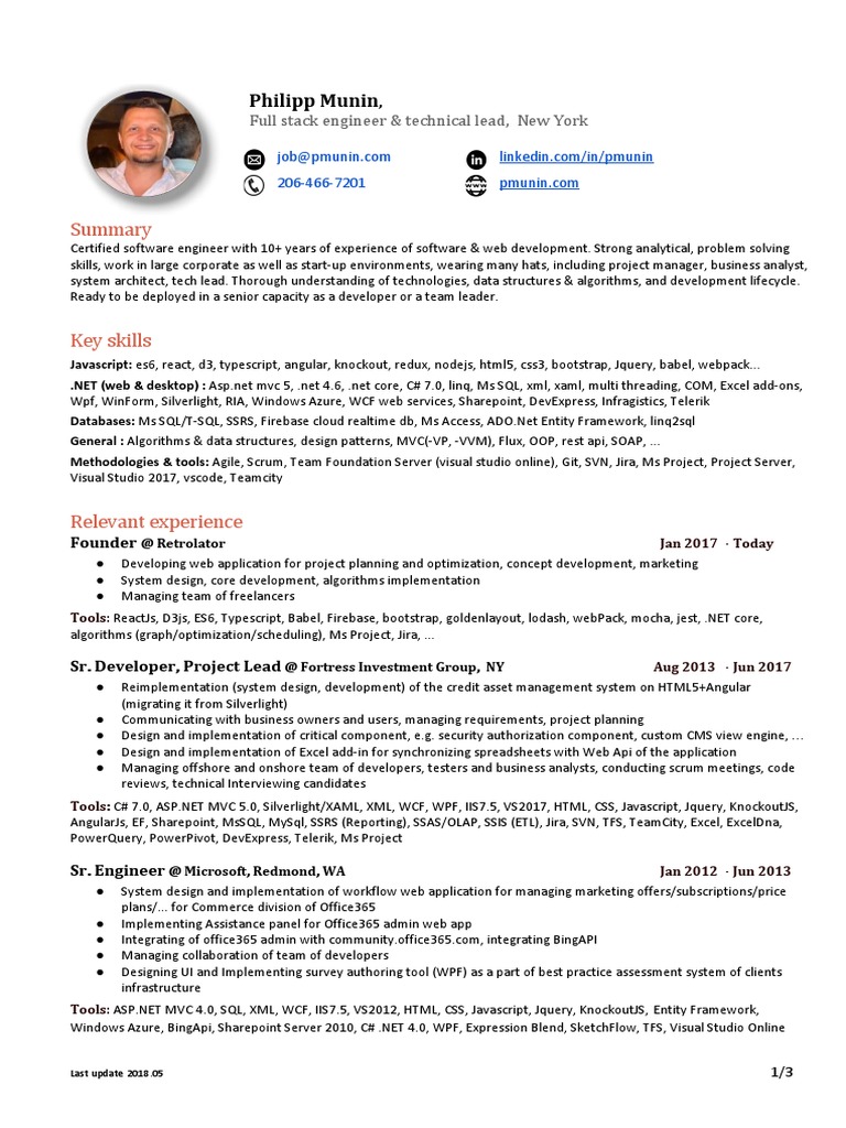 Senior .NET Developer Resume, Tech Lead Resume - New York | Download ...