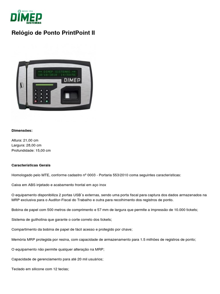 DIMEP - Relógio de Ponto PrintPoint II | Armazenamento de Dados de ... DIMEP - Relógio de Ponto PrintPoint II | Armazenamento de Dados de ...