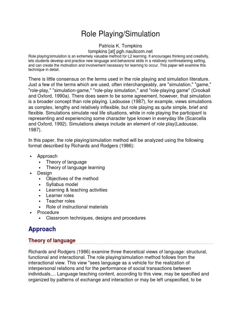 Role Playing/Simulation: Approach | PDF | Simulation | Learning