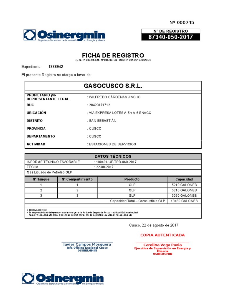 Ficha de Registro OSINERGMIN | Estación de servicio | Gobierno