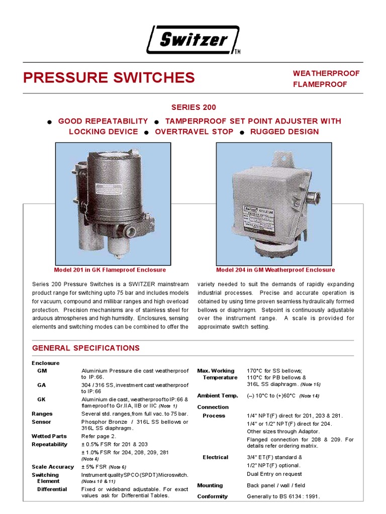 SWITZER - PressureSwitchSeries200 | PDF | Switch | Celsius