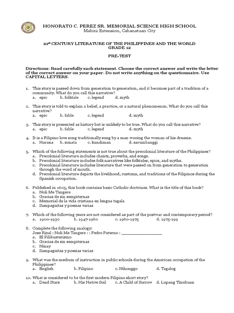 Pre Test 21st Century Lit | PDF | Poetry