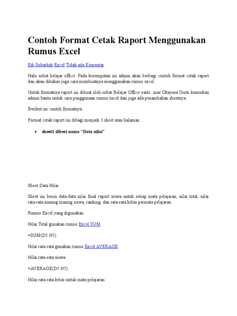 Contoh Format Cetak Raport Menggunakan Rumus Excel | PDF