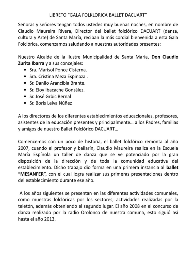 Libreto Gala Folclórica DACUART | PDF | Ballet | Chile
