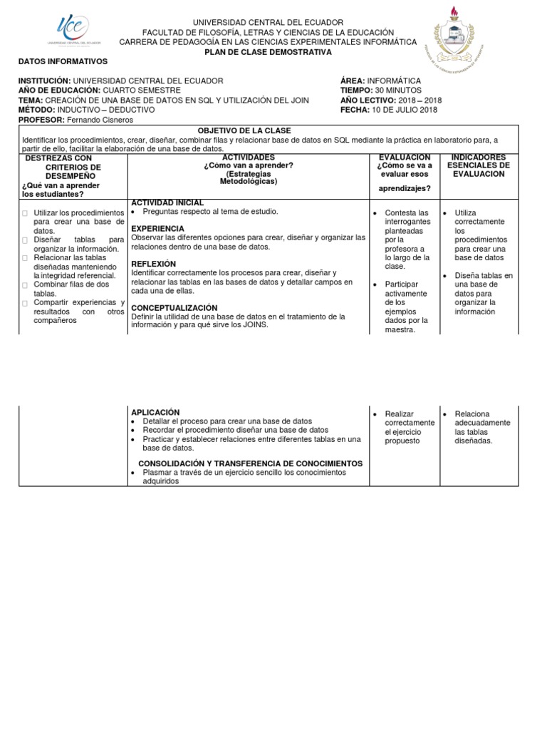 Plan de Clase Base de Datos | PDF | Bases de datos | Aprendizaje Plan de Clase Base de Datos | PDF | Bases de datos | Aprendizaje