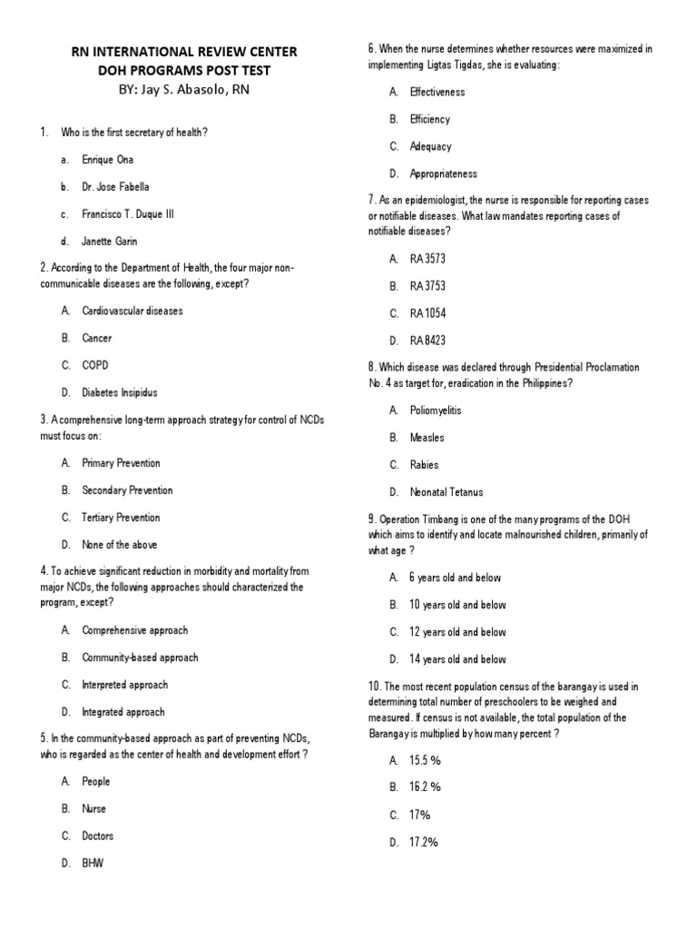 Doh Programs Post Test | PDF | Preventive Healthcare | Obesity