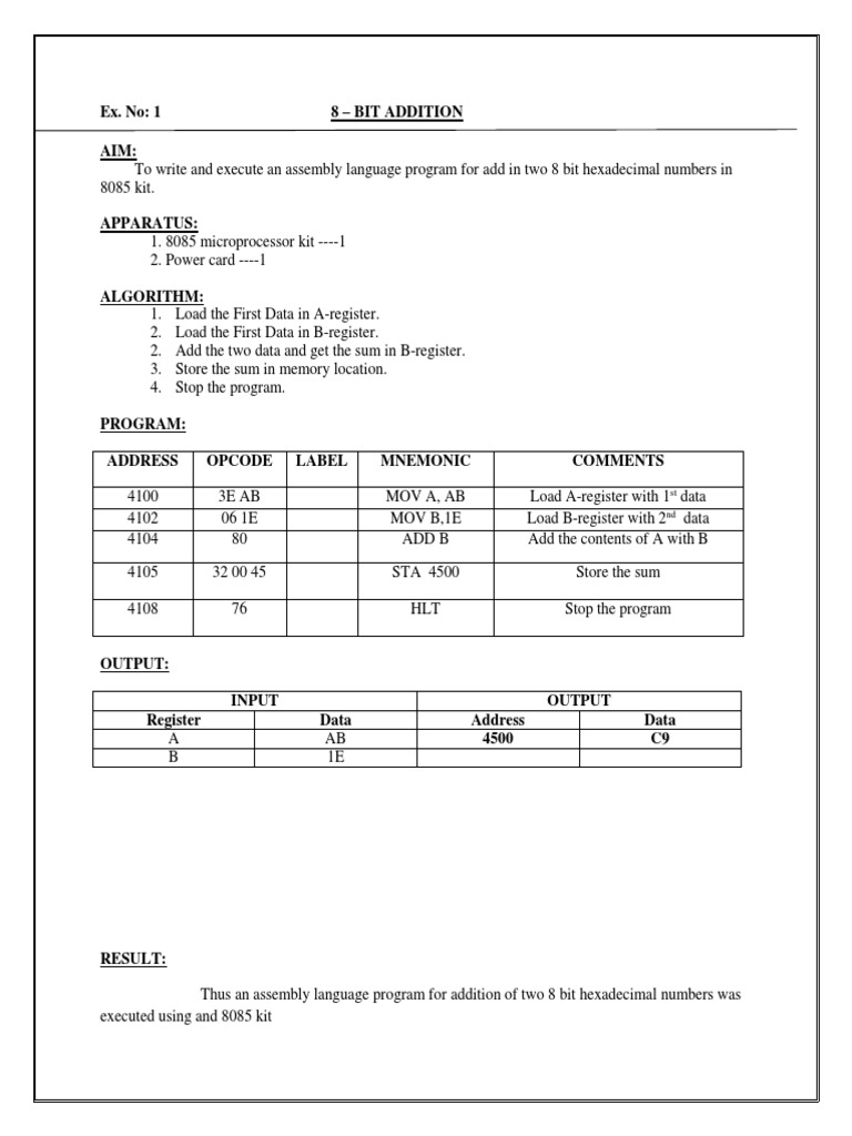 Ex No 1 8 Bit Addition Aim St Nd Pdf 7156