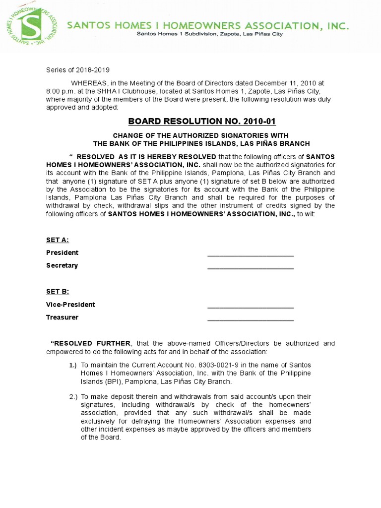 Board Reso. Shha1 | PDF | Board Of Directors | Banks