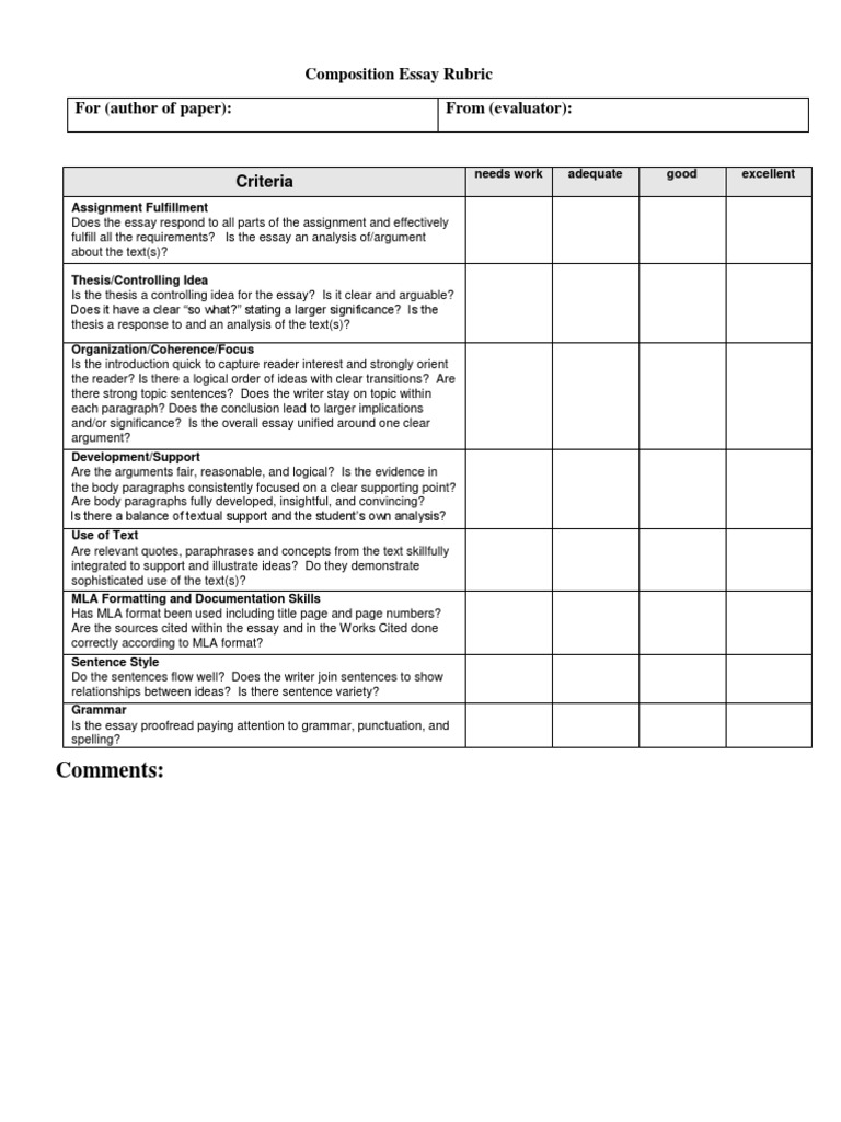 Composition Essay Evaluation Rubric | PDF