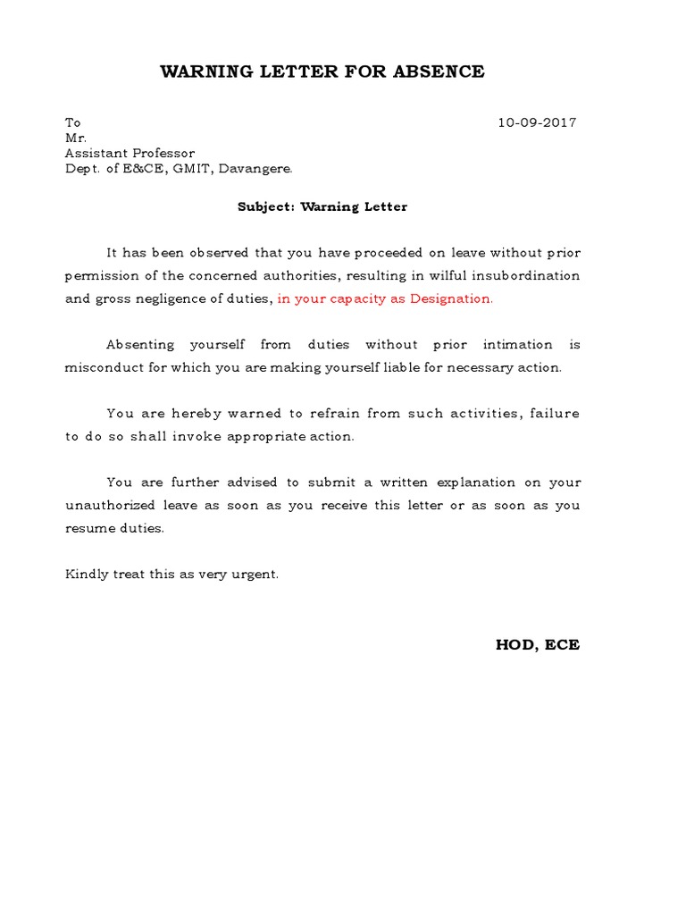 Warning Letter For Absence | PDF | Common Law | Justice