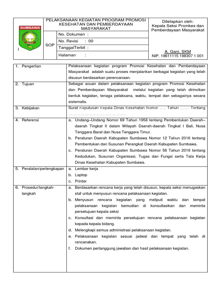 Sop Pelaksanaan Kegiatan Program Promkes Pdf