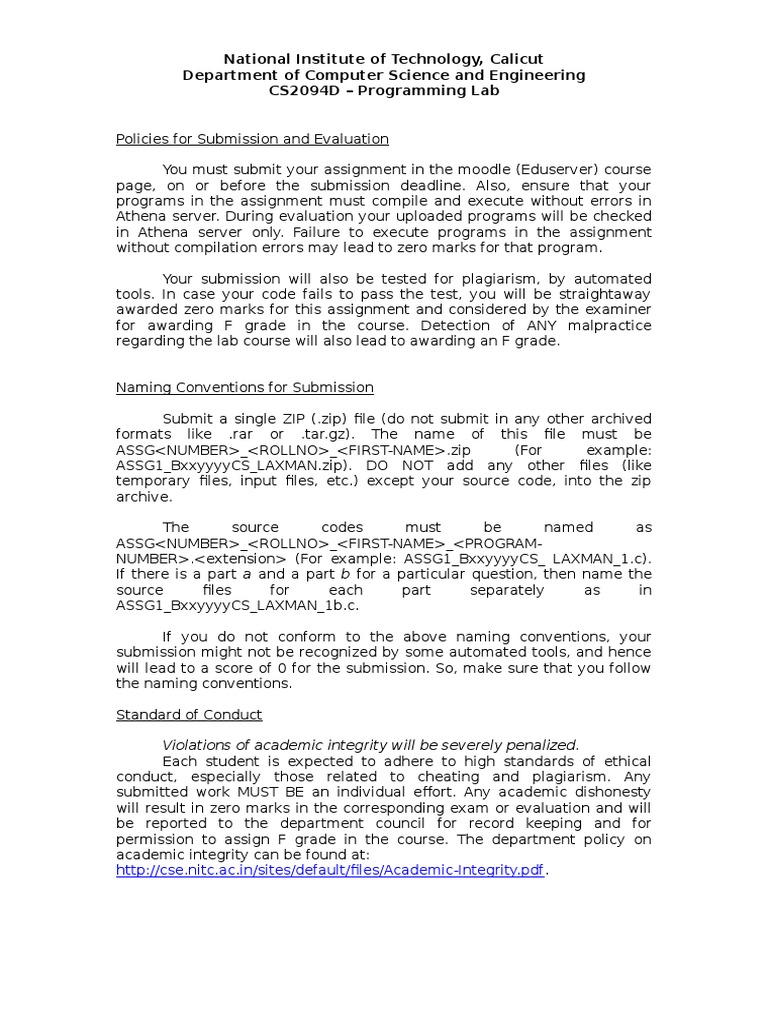 National Institute of Technology, Calicut Department of Computer Science and Engineering CS2094D ...