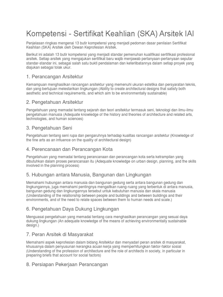 Kompetensi - Sertifikat Keahlian (SKA) Arsitek | PDF