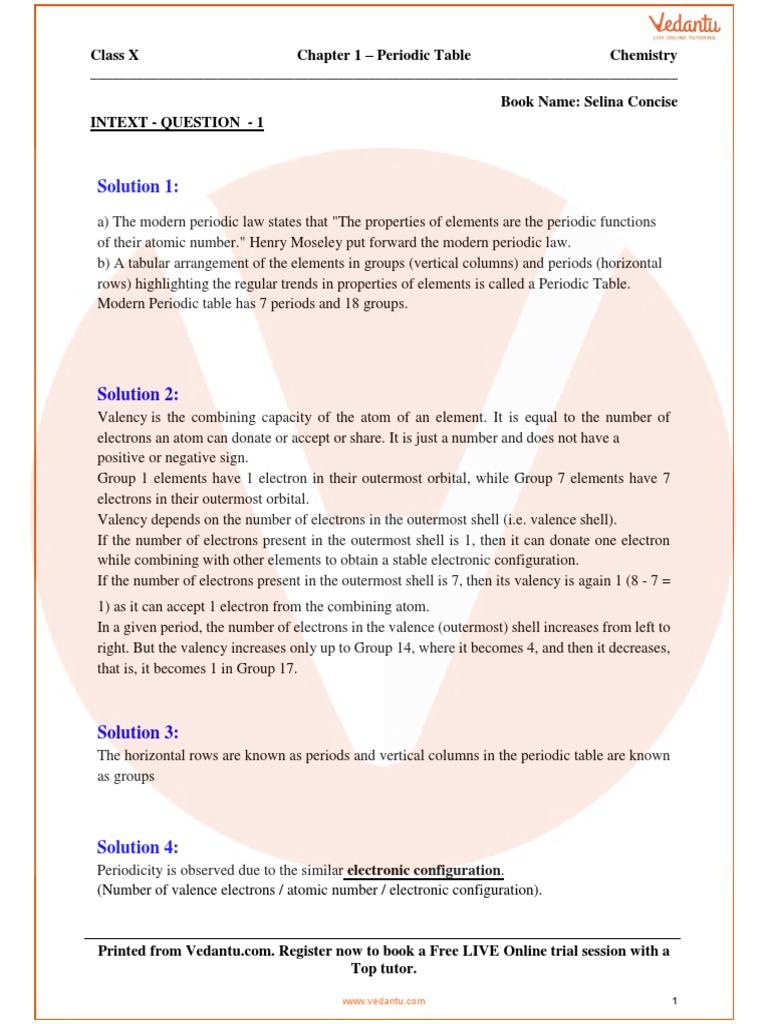 Solution 1:: Class X Chapter 1 - Periodic Table Chemistry | PDF ...