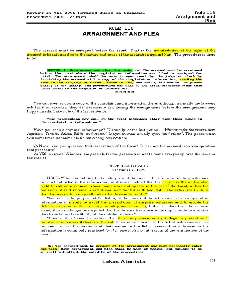 Rule 116 Arraignment | PDF | Plea | Arraignment