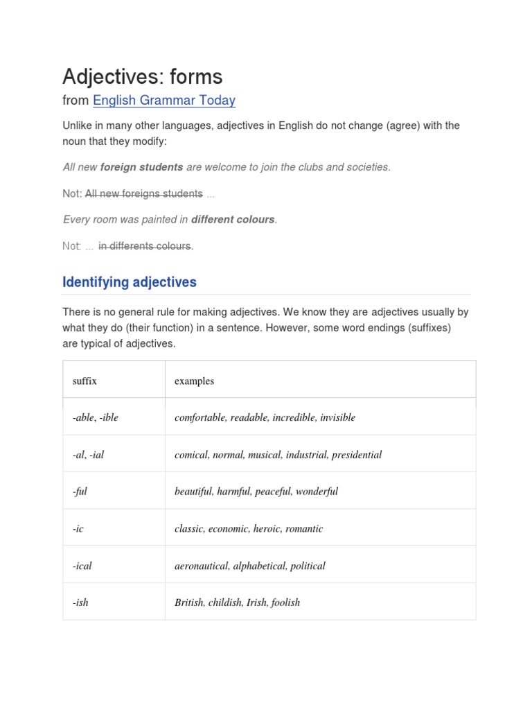 Adjectives: Forms: English Grammar Today | PDF