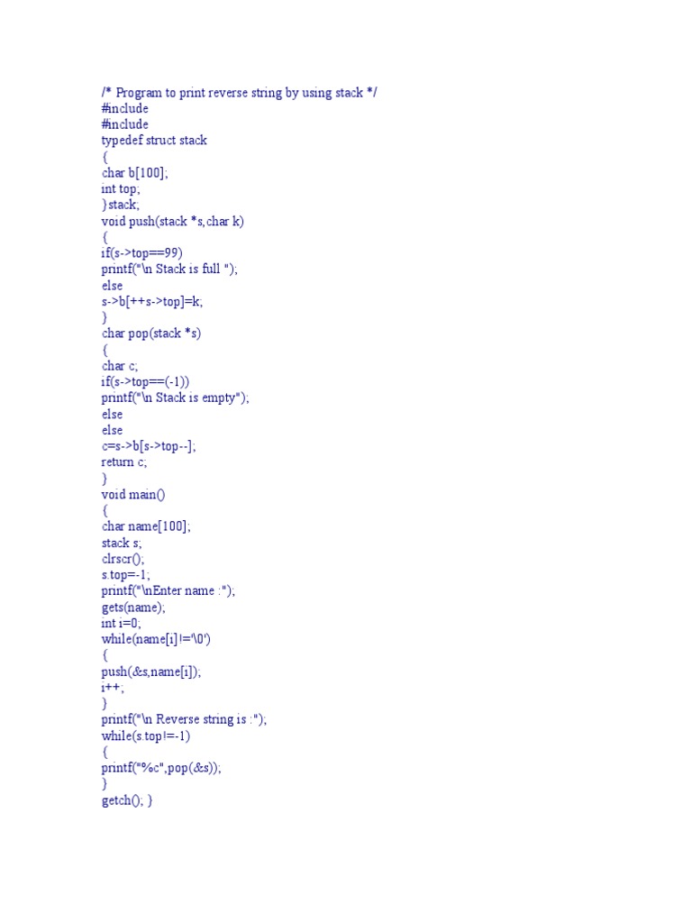 Program To Print Reverse String By Using Stack Pdf Computer Libraries C