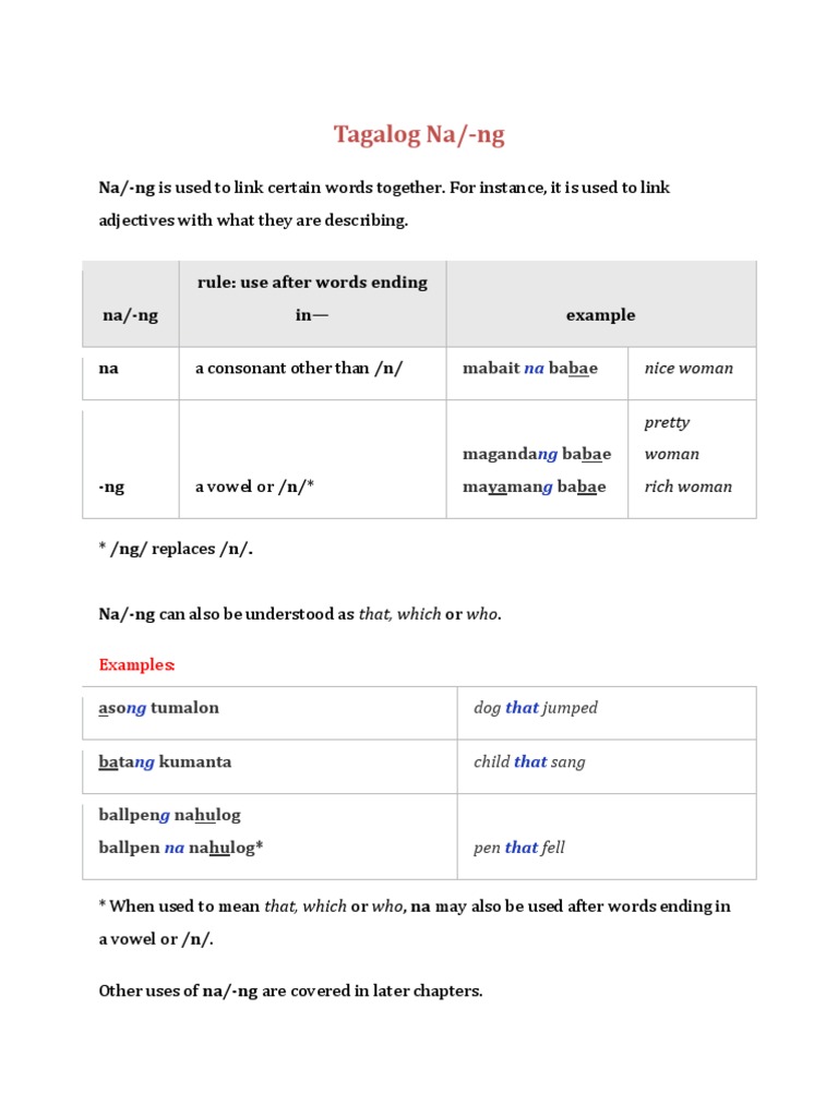 Understanding "Na/-ng" in Tagalog | PDF
