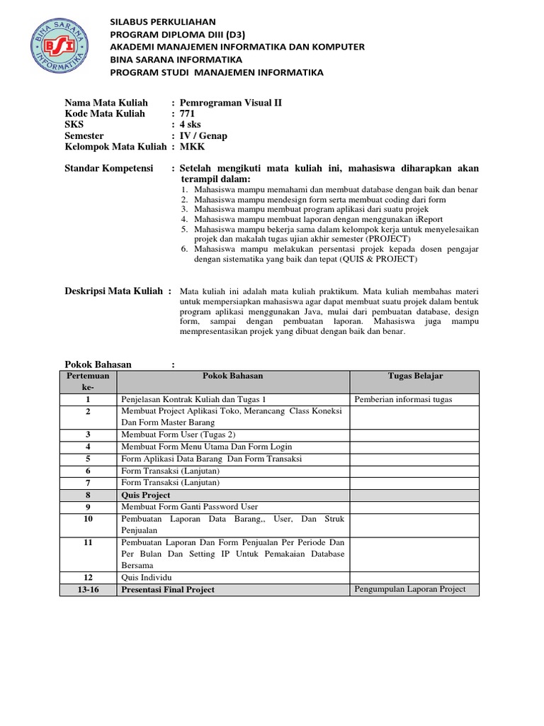 Silabus Pemrograman Visual II (Java II) | PDF