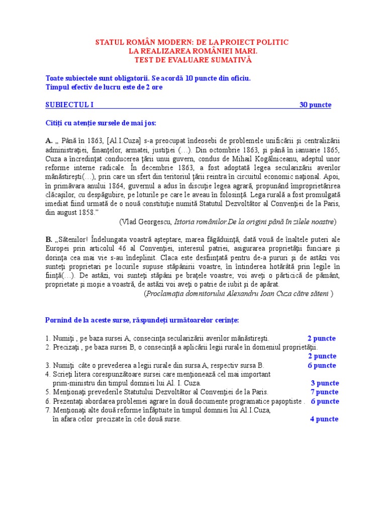 Statul Roman Modern. Test de Evaluare Sumativa | PDF