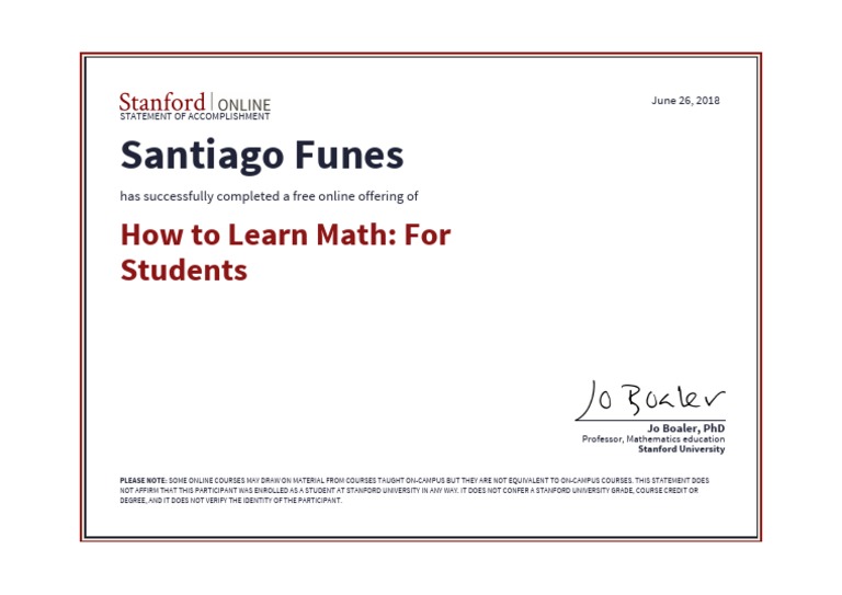 Stanford Math Course Completion Certificate | PDF