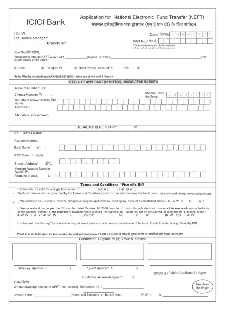 NEFT Application Form for ICICI Bank | PDF | Service Industries ...