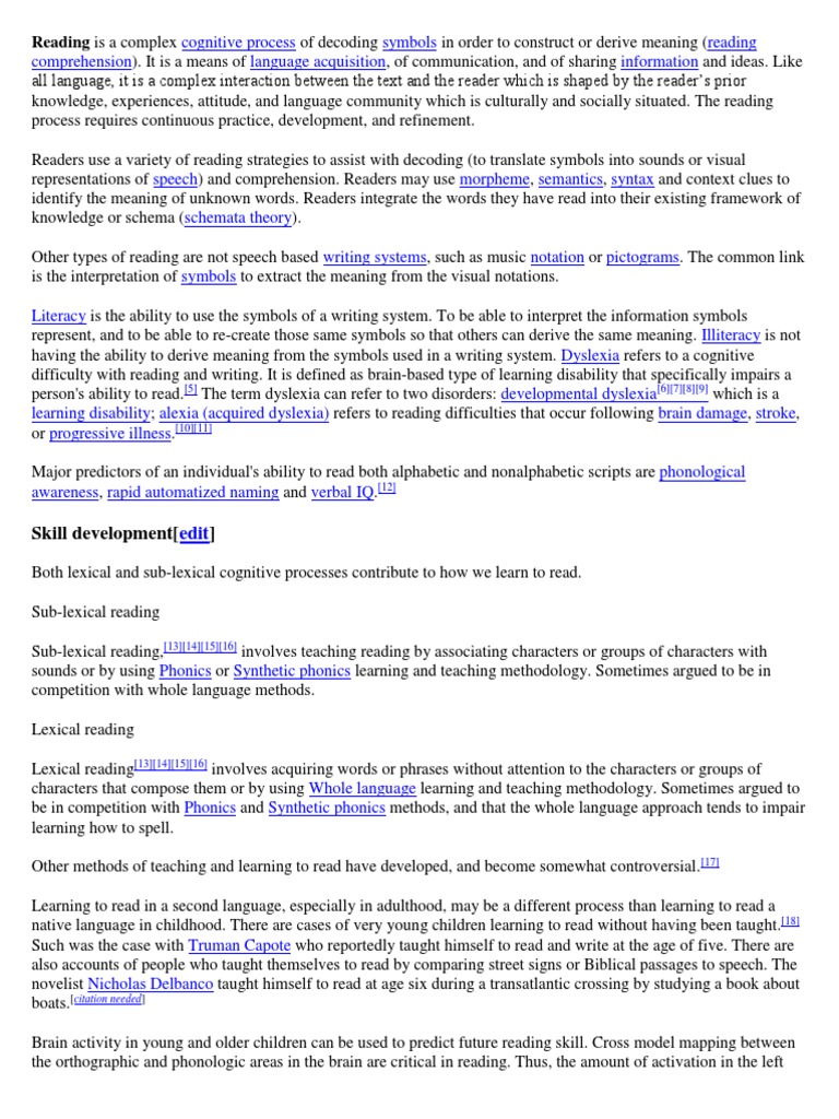 Reading Is A Complex Cognitive Process of Decoding Symbols in Order To ...