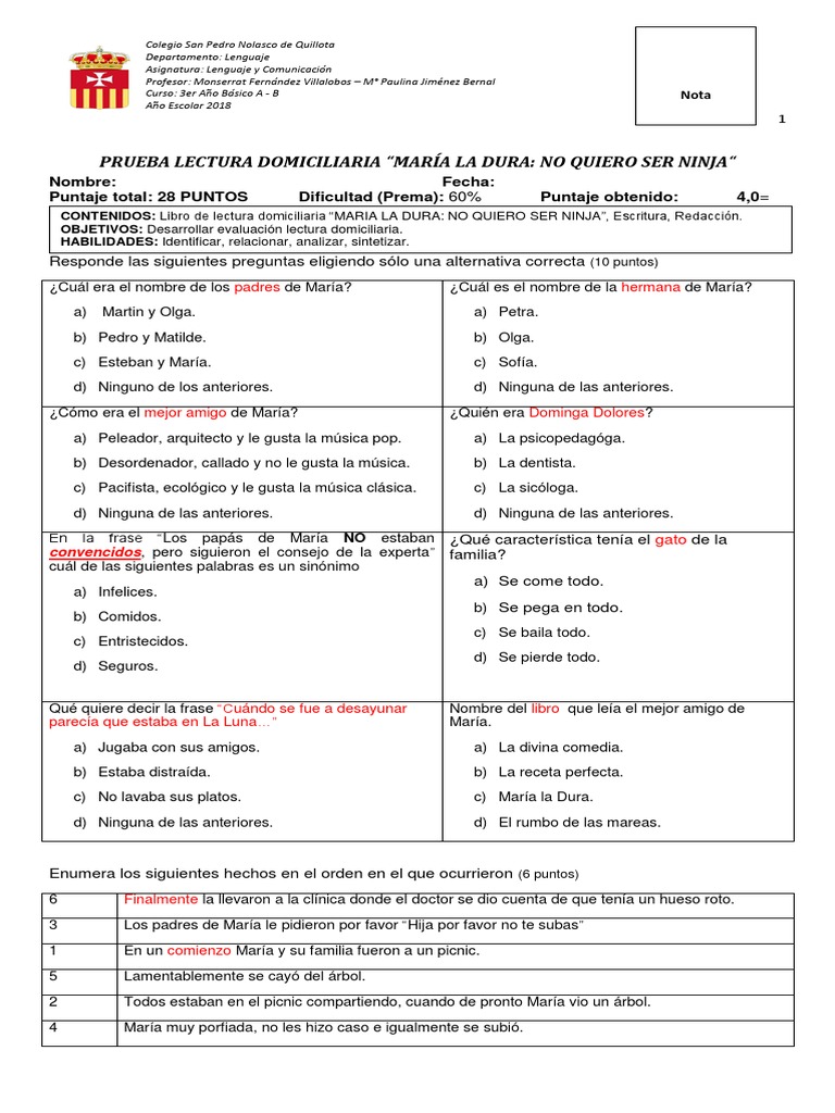 Control Lectura Domiciliaria Maria La Dura No Quiero Ser Ninja 3er ...
