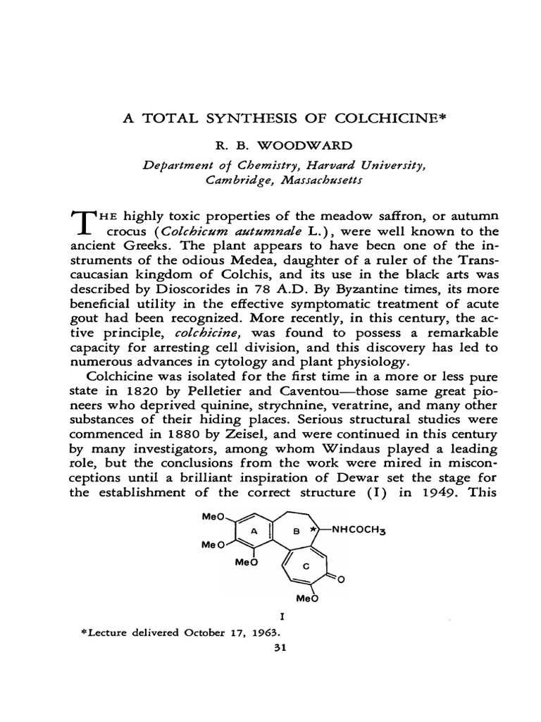 R B Woodward - A Total Synthesis of Colchicine - Harvey Lecture 1963 ...