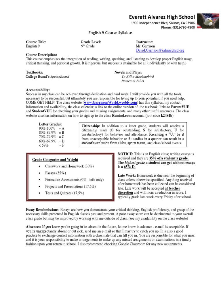 English 9 Syllabus for Freshmen | PDF | Homework | Learning