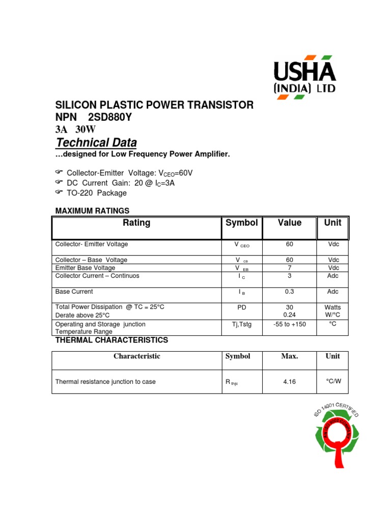 Transistor NPN - 2SD880Y | PDF | Bipolar Junction Transistor | Analog To Digital Converter