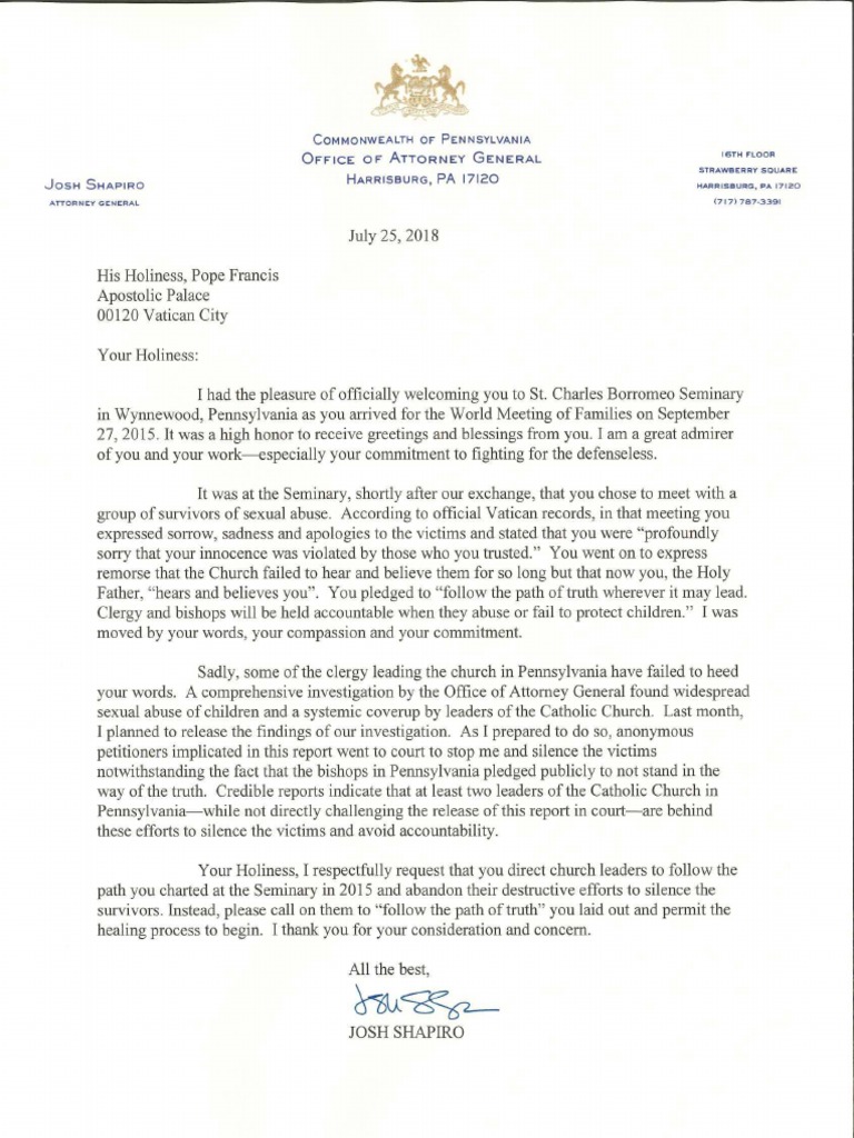 2018 07 25 Letter for His Holiness Pope Francis