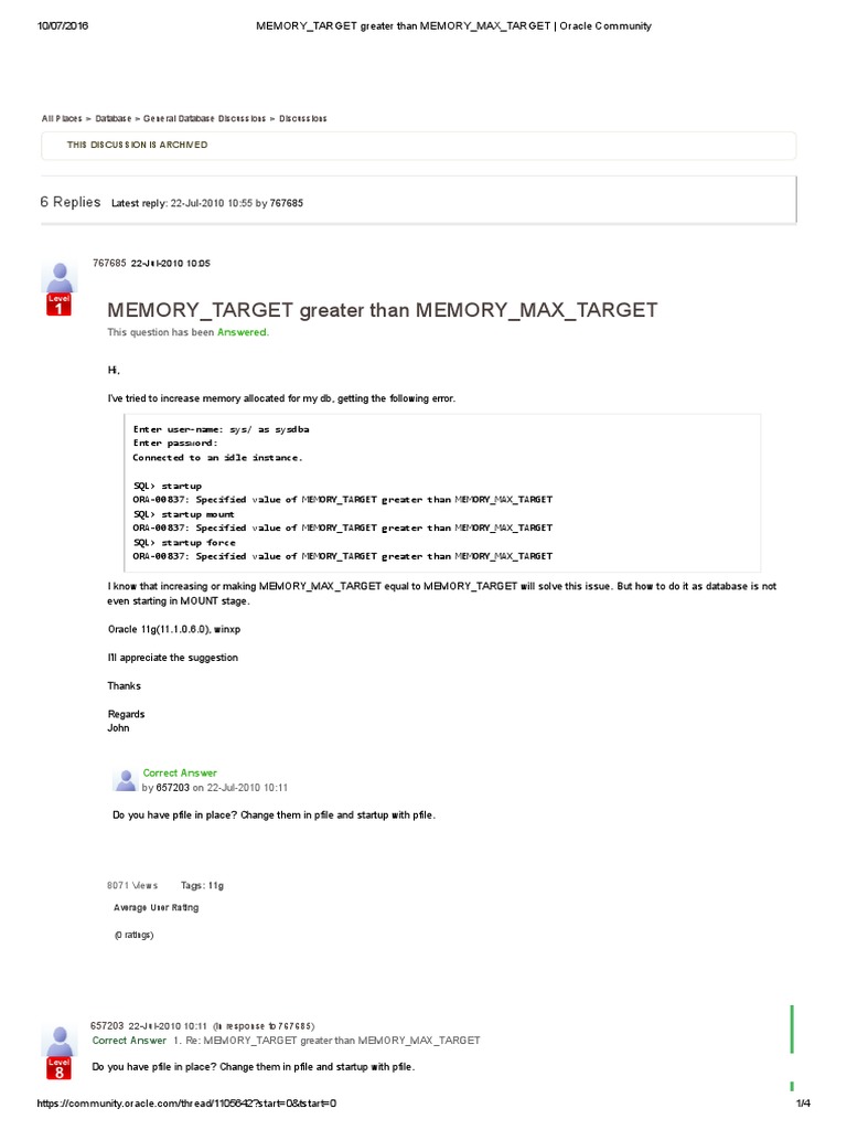 MEMORY - TARGET Greater Than MEMORY - MAX - TARGET | PDF | Oracle Database | Boolean Data Type