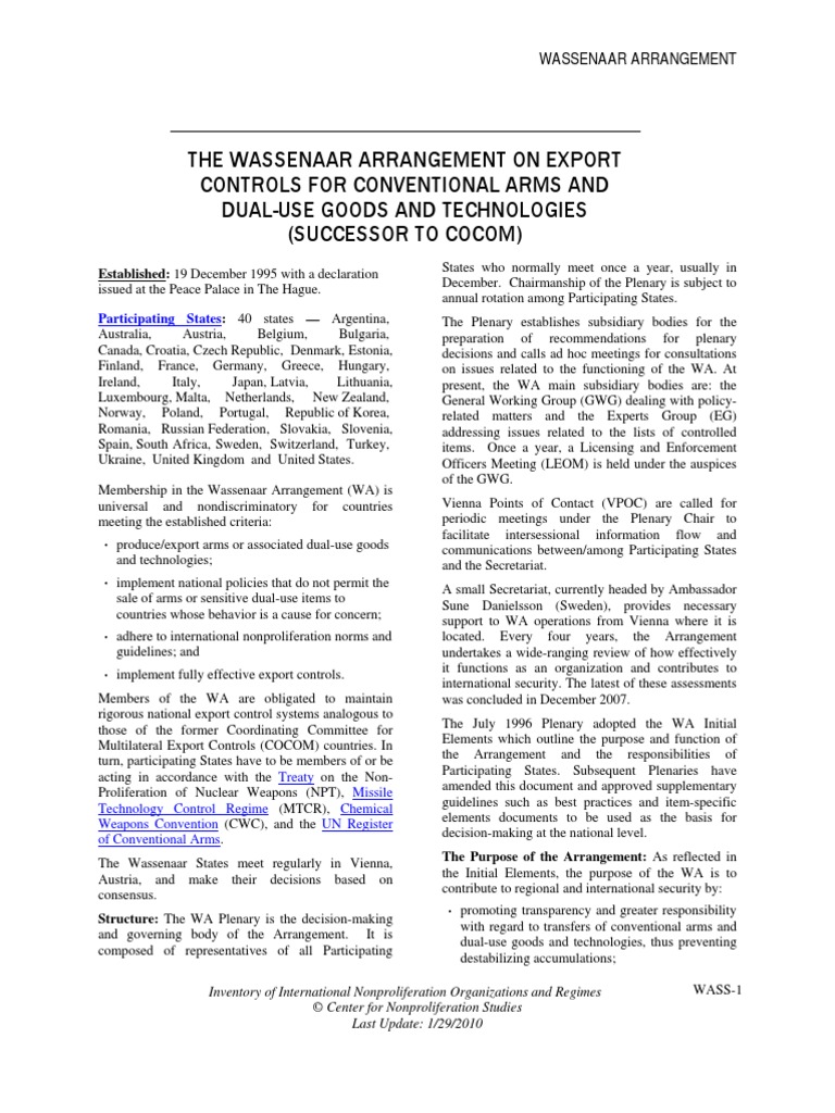 Wassenaar Agreement | PDF | International Security | International Relations