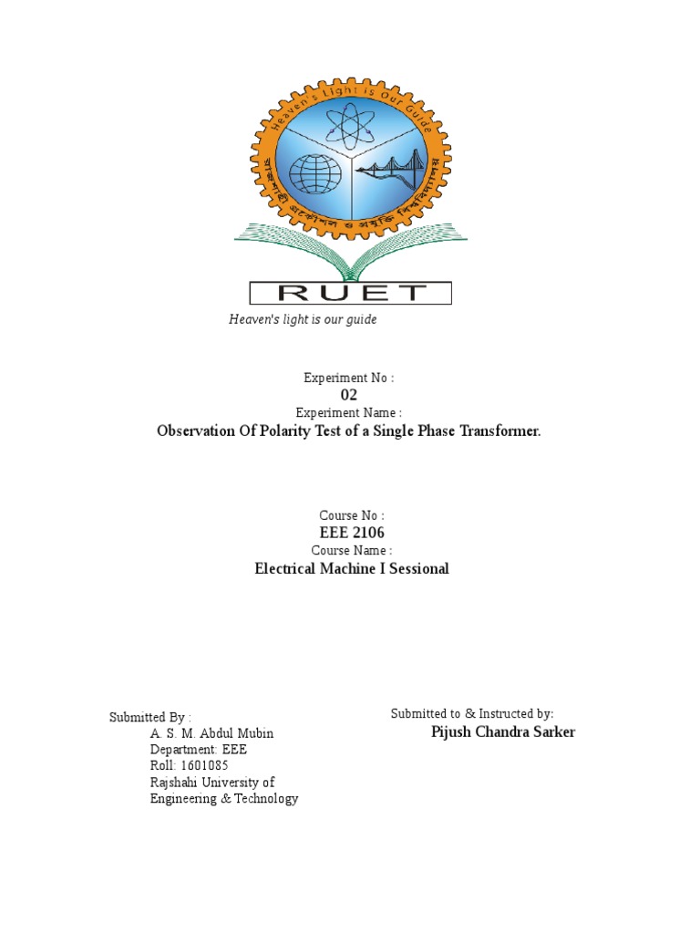 Polarity Test of Single Phase Transformer | PDF | Transformer ...