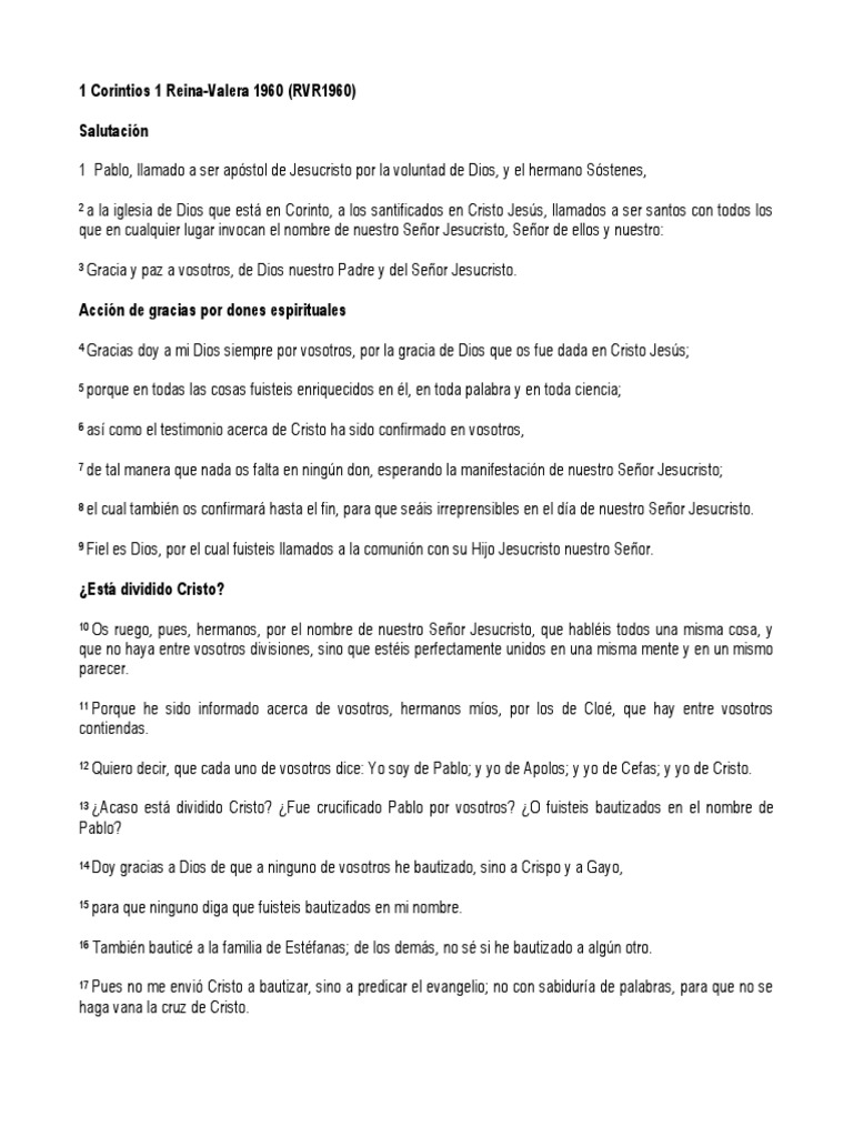 1 Corintios 1 Reina de Valera | Descargar gratis PDF | Primera epístola a los corintios | Cristo ...