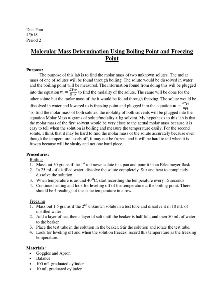 Molecular Mass Determination Using Boiling Point and Freezing Point Lab ...