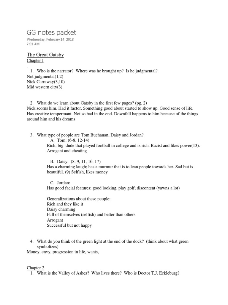 The Great Gatsby chapter notes | PDF | The Great Gatsby