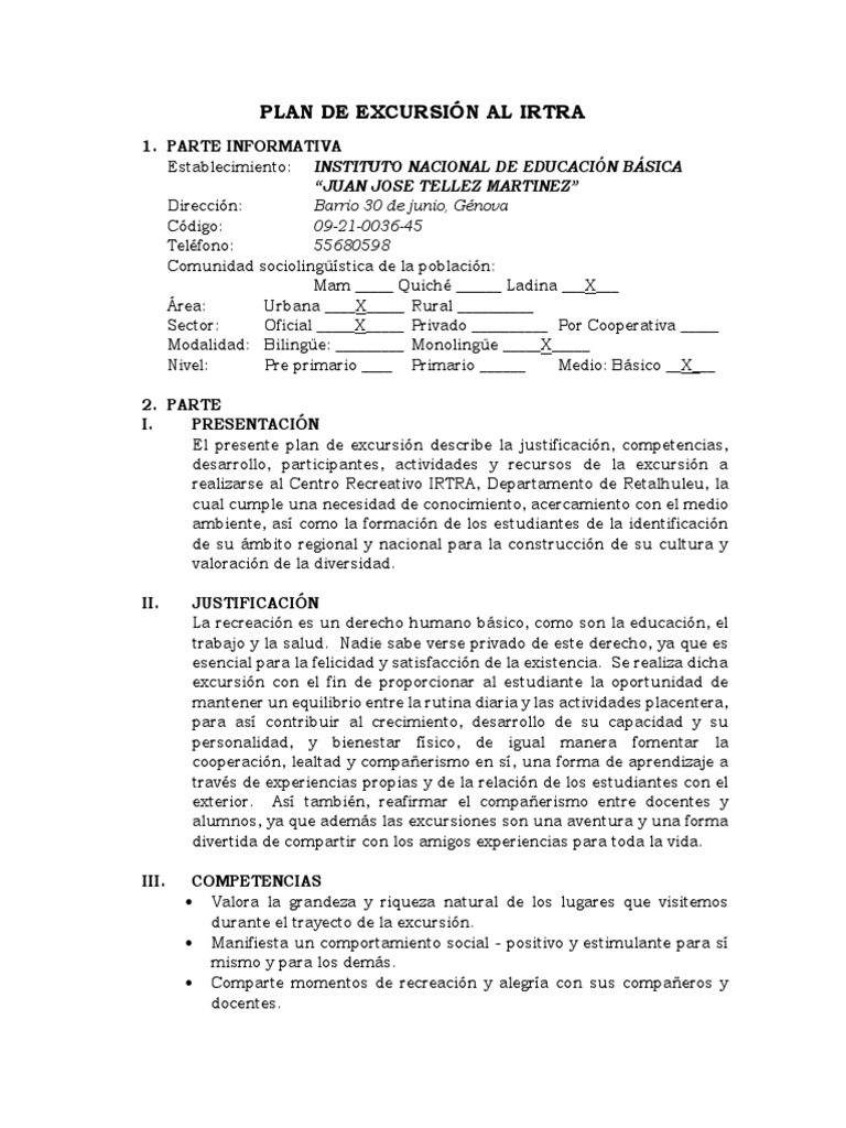 Plan de Excursión Al Irtra Kjell | PDF | Educación primaria | Modificación de comportamiento