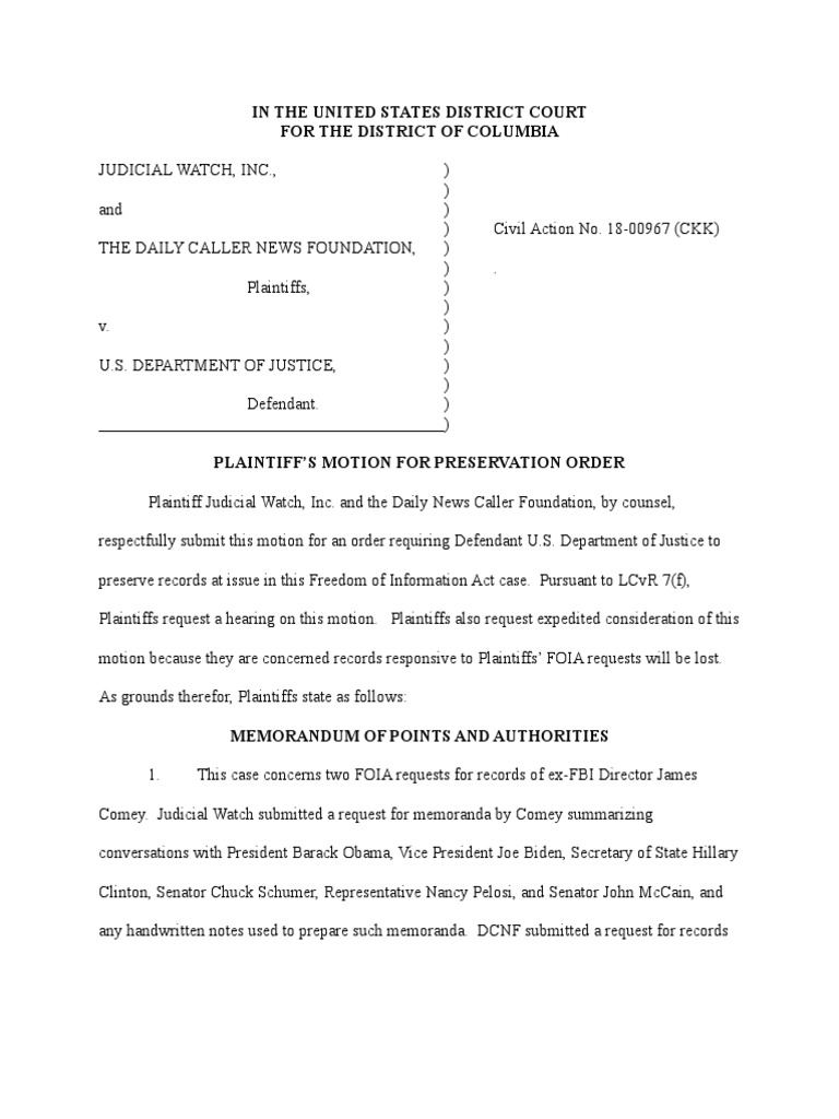 Motion for Preservation Order | Judicial Watch | Federal Bureau Of ...