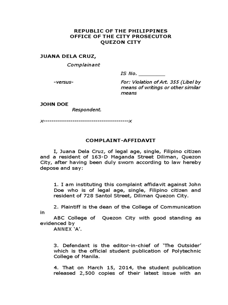 Complaint Affidavit For Libel | PDF | Defamation | Virtue