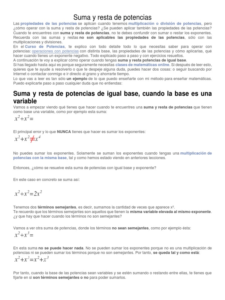Suma y Resta de Potencias Explicadas | PDF | Exponenciación ...