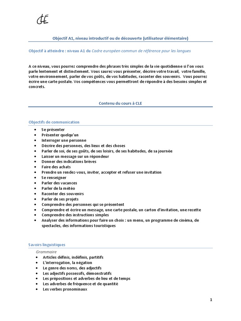 Cours de Français A1 : Objectifs et Contenu | PDF | Langue française ...