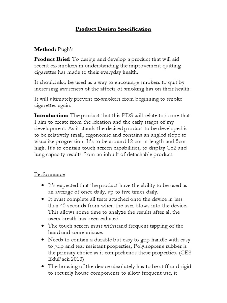 Product Design Specification Method: Pugh's Product Brief: To Design ...
