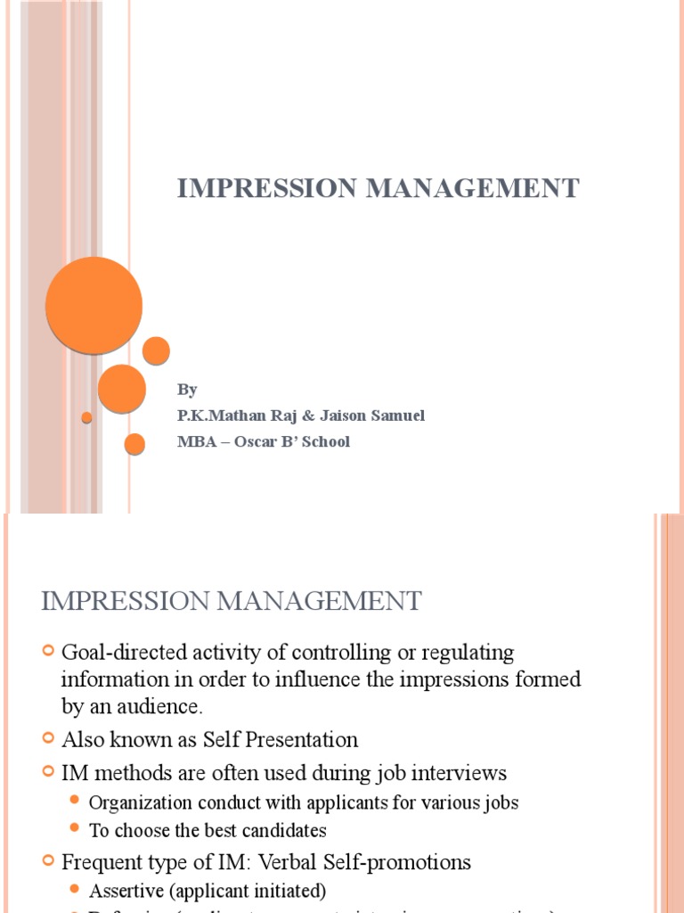 Impression Management: by P.K.Mathan Raj & Jaison Samuel MBA - Oscar B ...