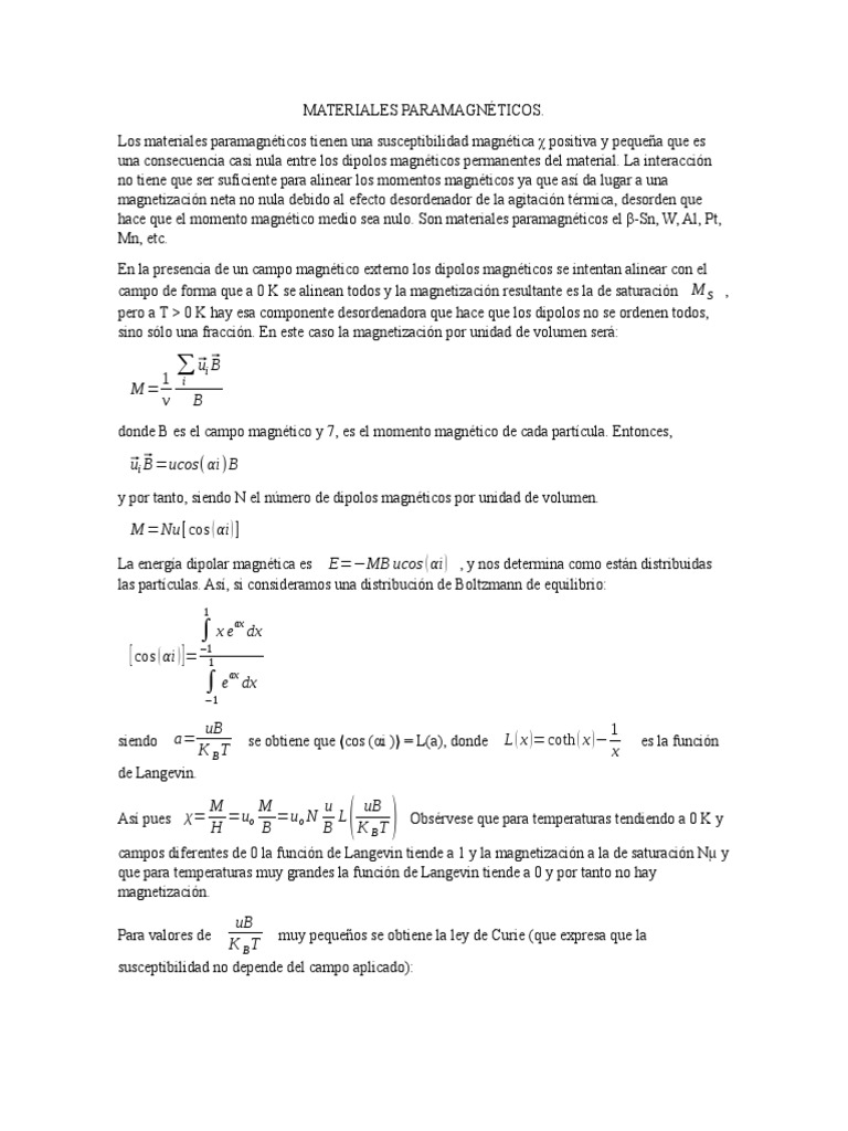 Materiales Paramagnéticos | PDF | Campo magnético | Electromagnetismo