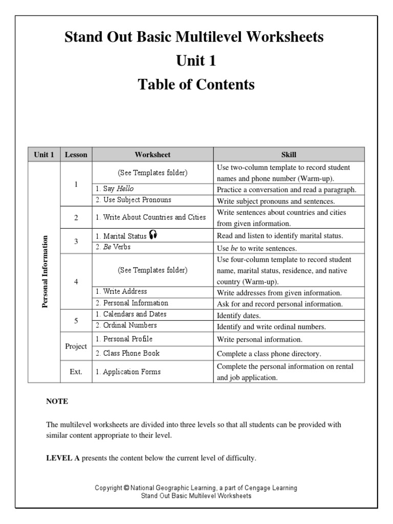 Stand Out Basic Multilevel Worksheets Unit 1 Table of Contents | PDF ...