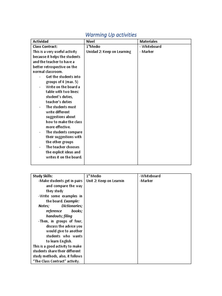 Warming Up Activities: Actividad Nivel Materiales Class Contract | PDF ...