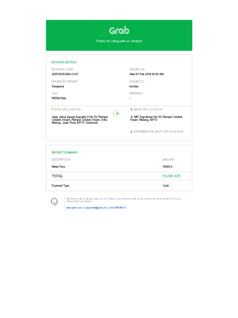 Contoh Receipt GRAB | PDF